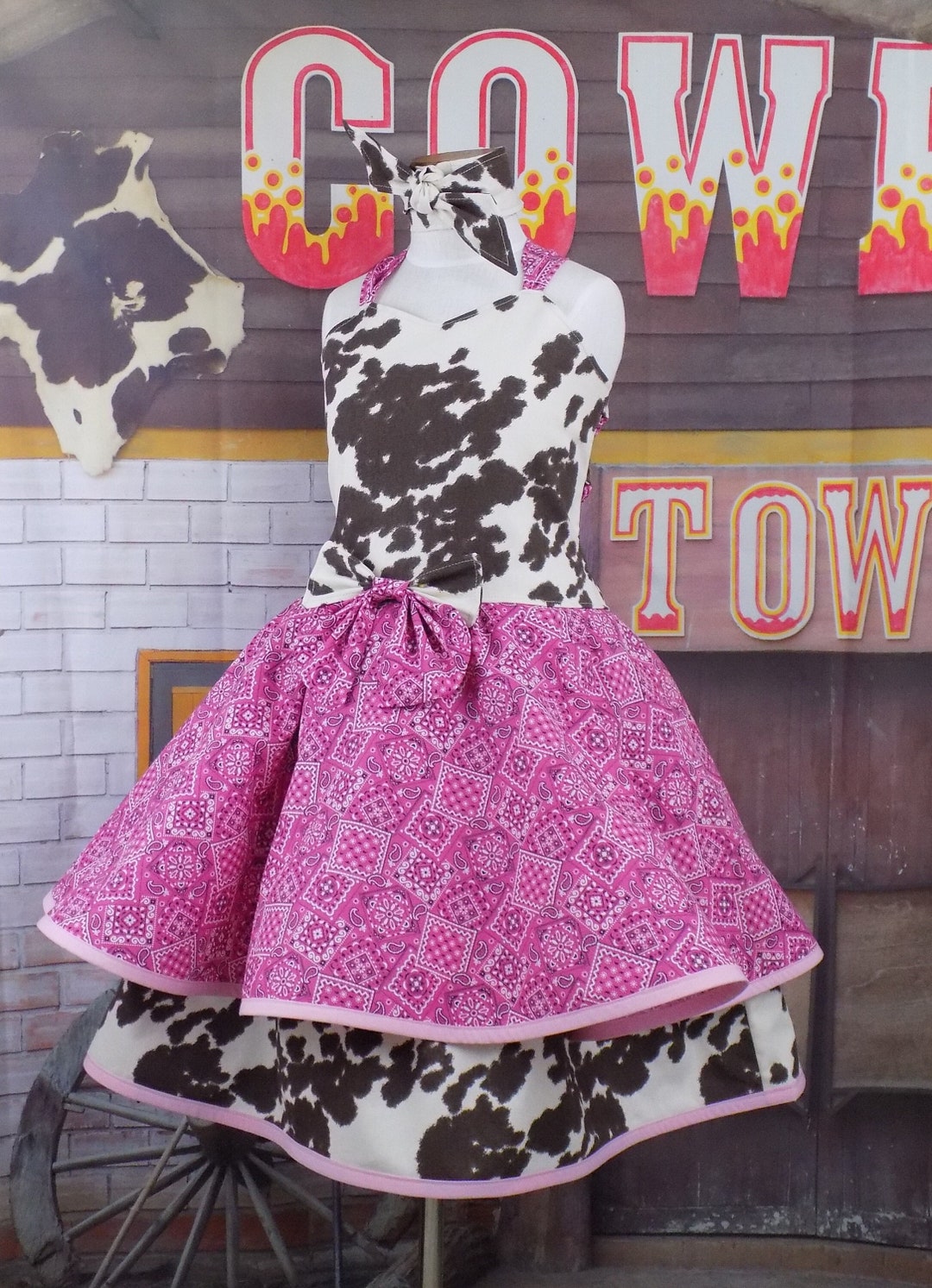 Pink Cow Dress Brown Cow, Pink Bandana Western Dress, Pink Birthday ...