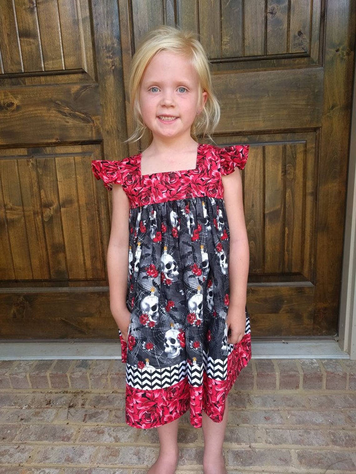 Girls Skull Dress, Girls Halloween Dress, Dress With Red Roses, Day of ...