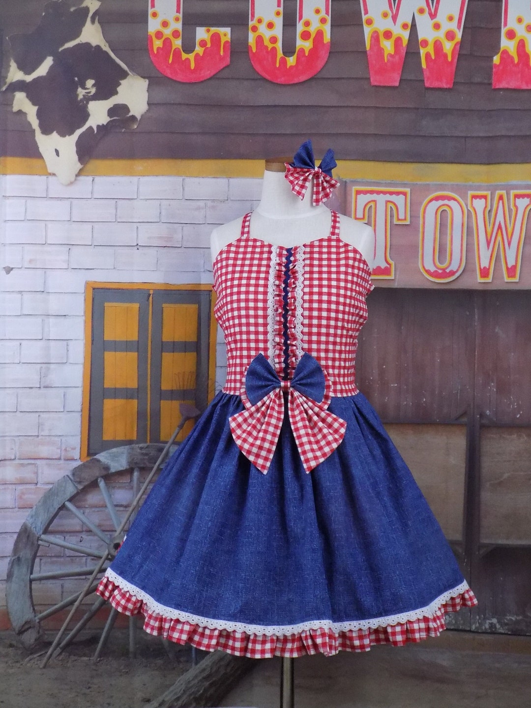 Red Gingham Western Dress Denim Pageant Wear Halter OOC - Etsy