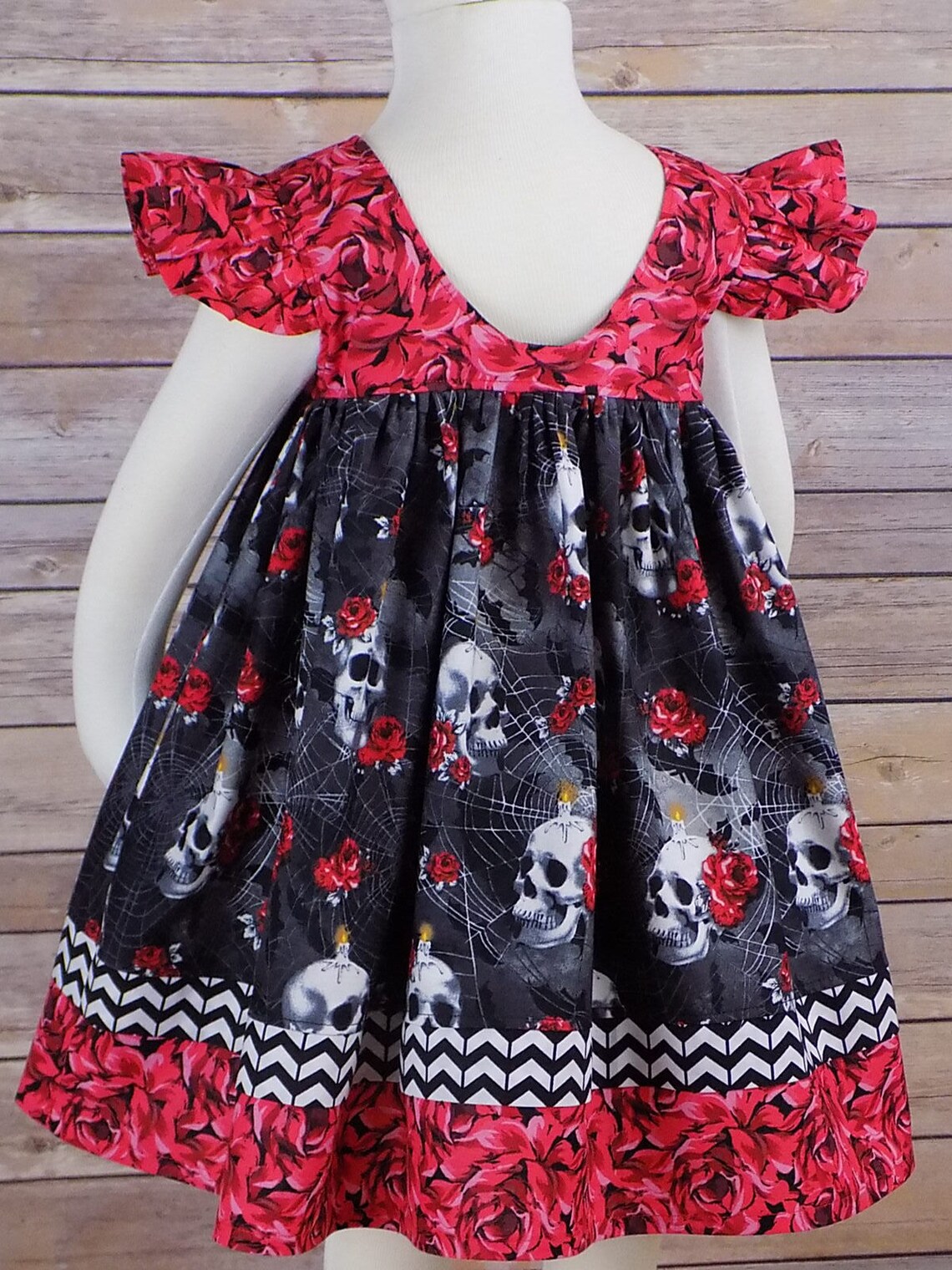 Girls Skull Dress, Girls Halloween Dress, Dress With Red Roses, Day of ...