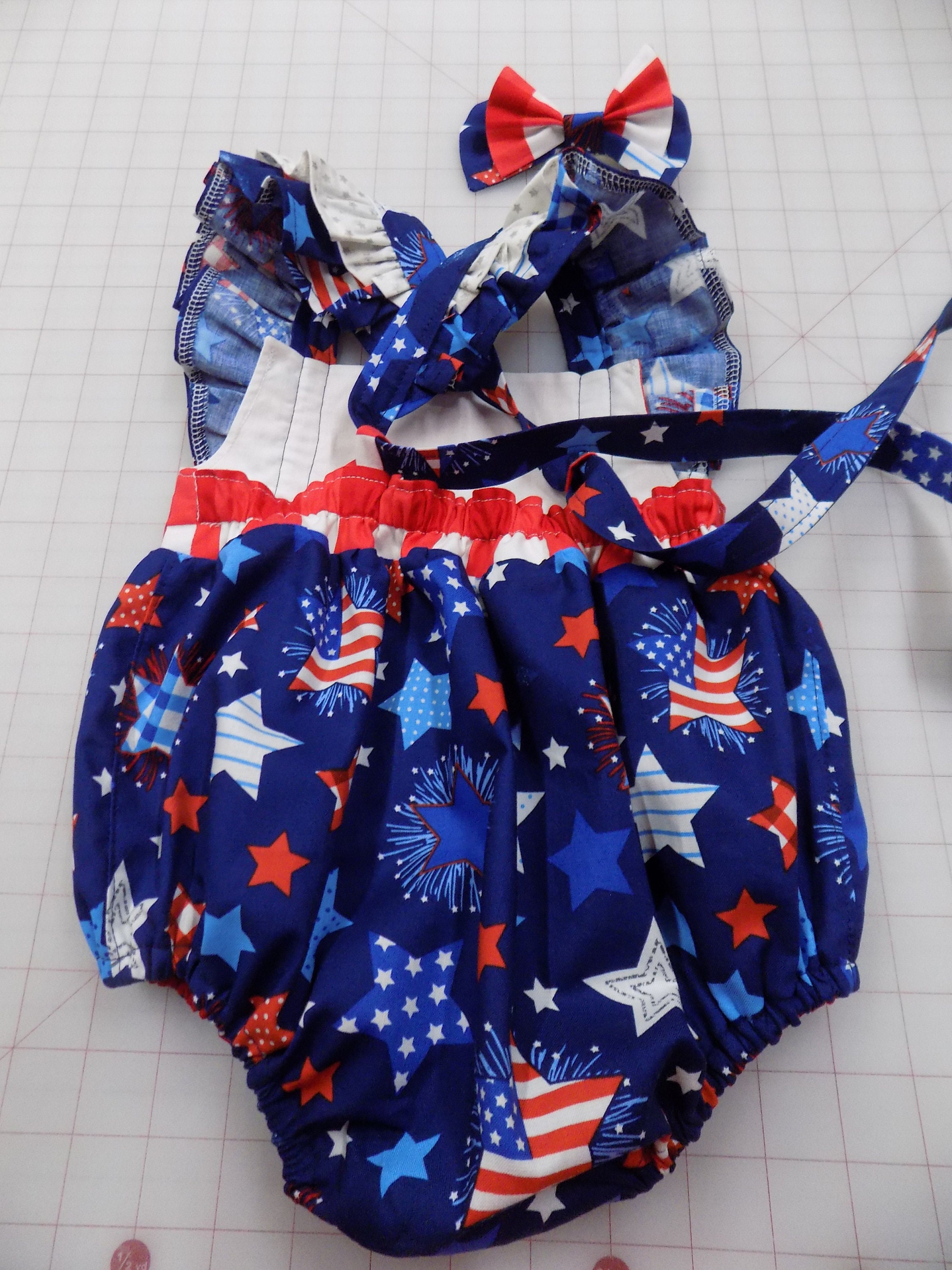 Girls 4th of July Star and Gingham Romper and Over Skirt Set, Patriotic ...