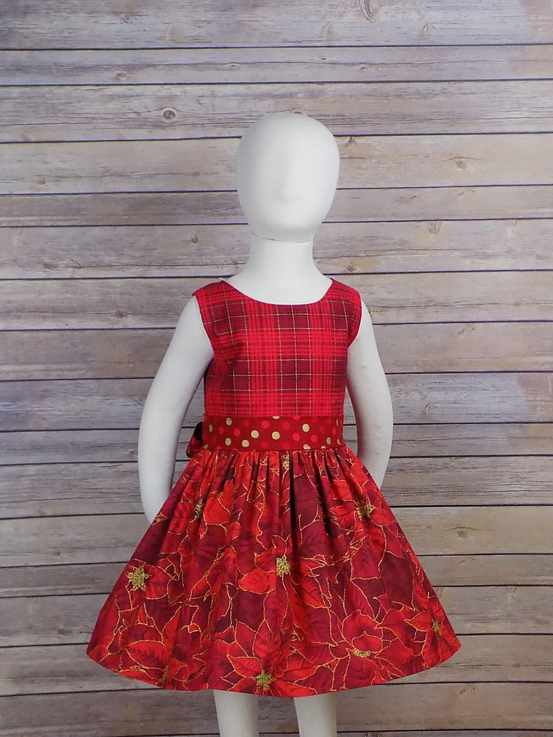 Red Christmas Dress, Plaid Christmas Dress, Girls, Poinsettia, Gold ...