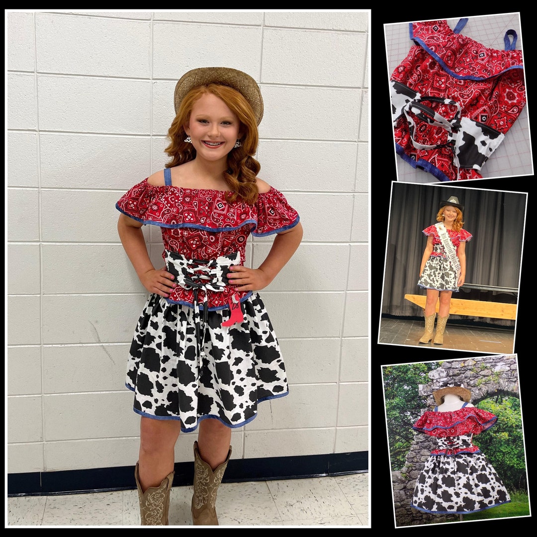 Western Wear Denim Cow Outfit Cowgirl Pageant, Cow Dress, Ruffle Top ...
