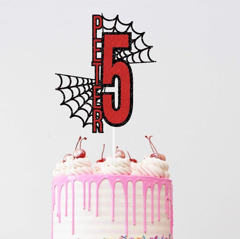 Personalized Spider Cake Topper | Red & Black Glitter Superhero Party ...