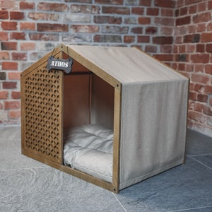 Designer Wooden Dog Kennel - Modern OPEN Pet Crate, Indoor Cat and ...