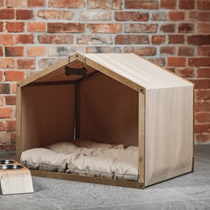 Designer Wooden Dog Kennel - Modern OPEN Pet Crate, Indoor Cat and ...
