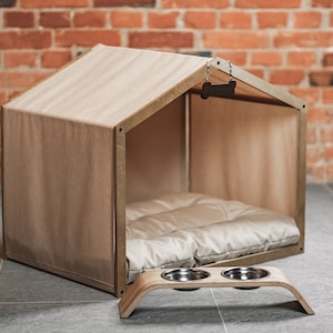 Designer Wooden Dog Kennel - Modern OPEN Pet Crate, Indoor Cat and ...