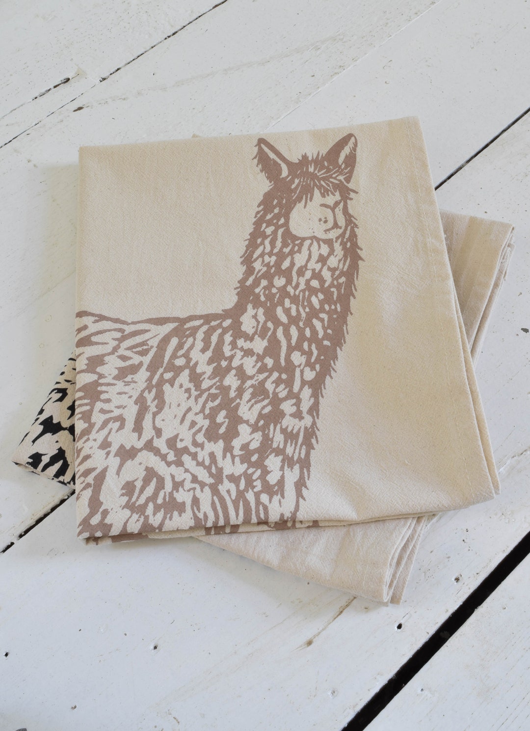 Llama Tea Towel Organic Cotton Mocha Brown Print Farm Animal Dishcloth ...