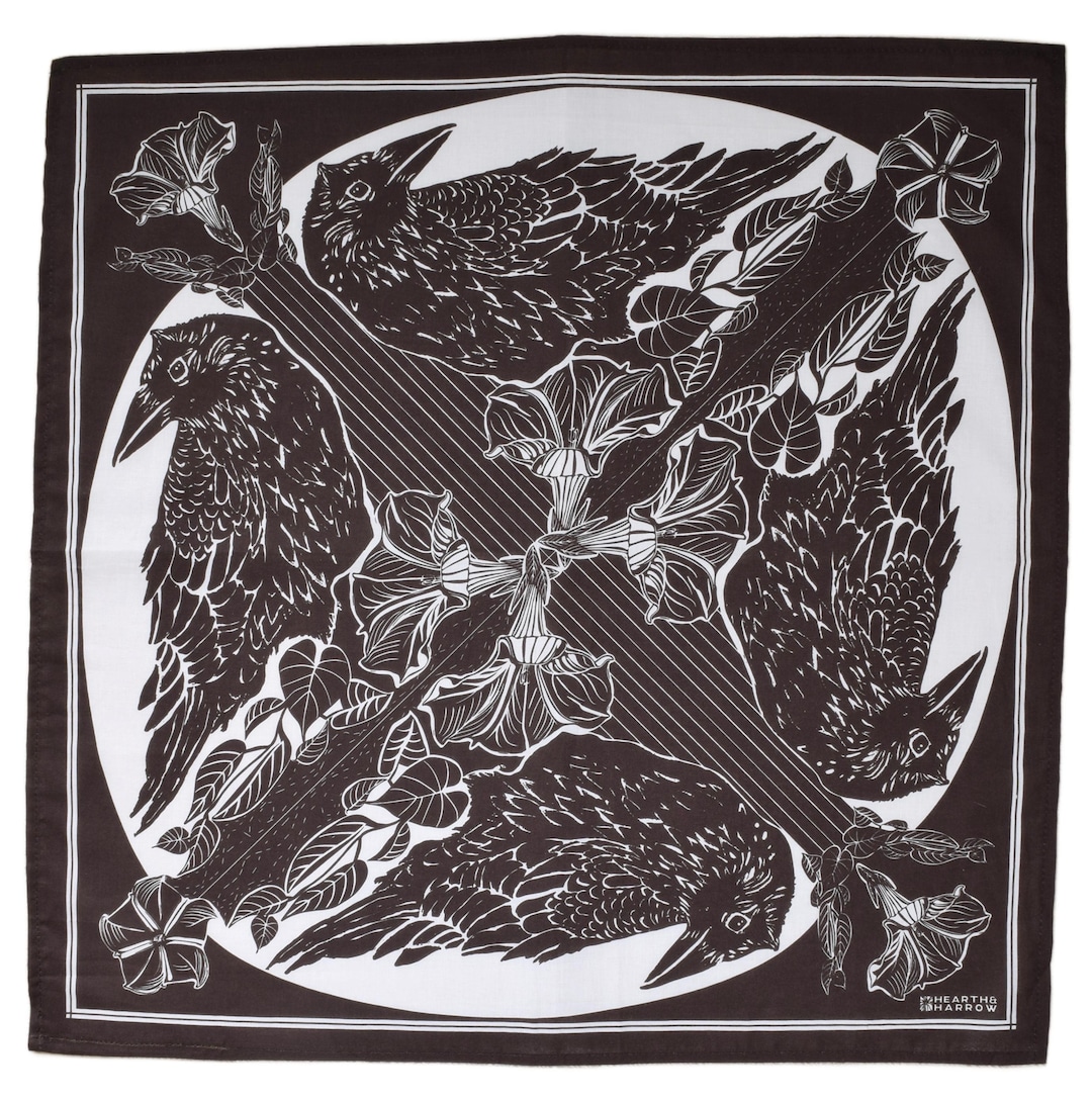Crow Bandana: Warm Black Cotton Handkerchief With Moonflower Design ...