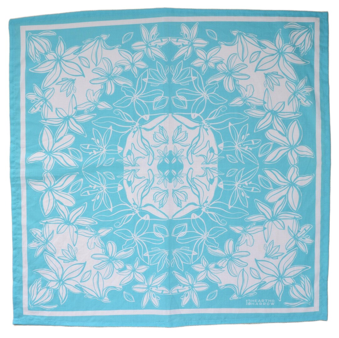 Flower Bloom Bandana - Aqua Blue - 100% Cotton - Handkerchief - 22" X ...