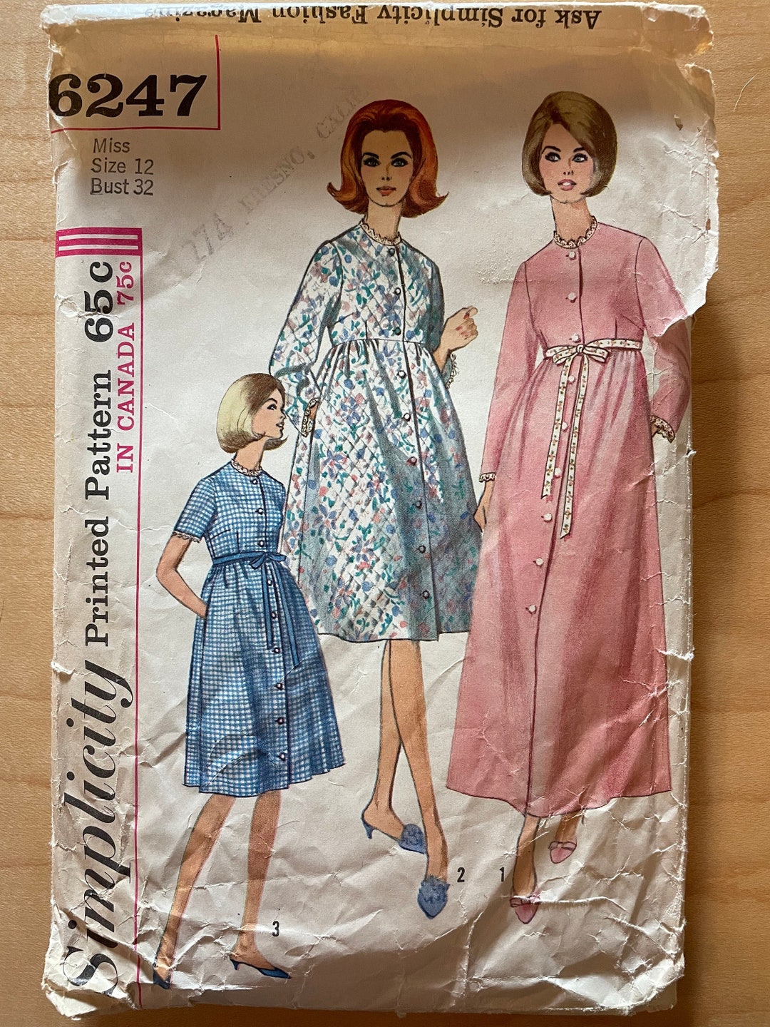 Simplicity 6247 Pattern CUT Complete 1960s Vintage Button Front Robe ...