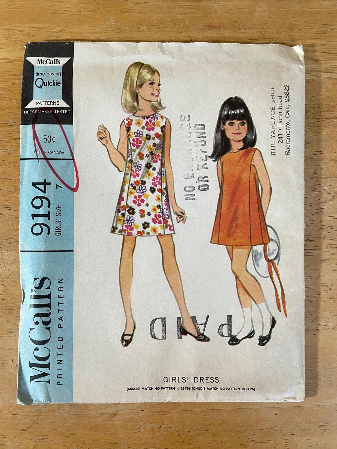 Mccalls 9194 Pattern UNCUT 1960s Girls Sleeveless A Line Mini Dress ...