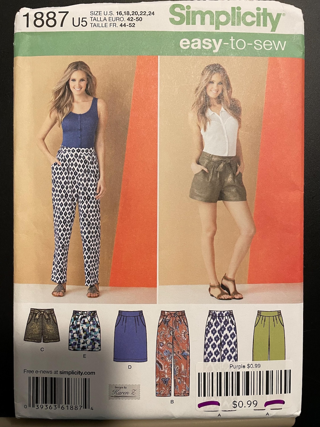 Simplicity 1887 Pattern UNCUT Easy to Sew Waistband Pants Short Skirt ...