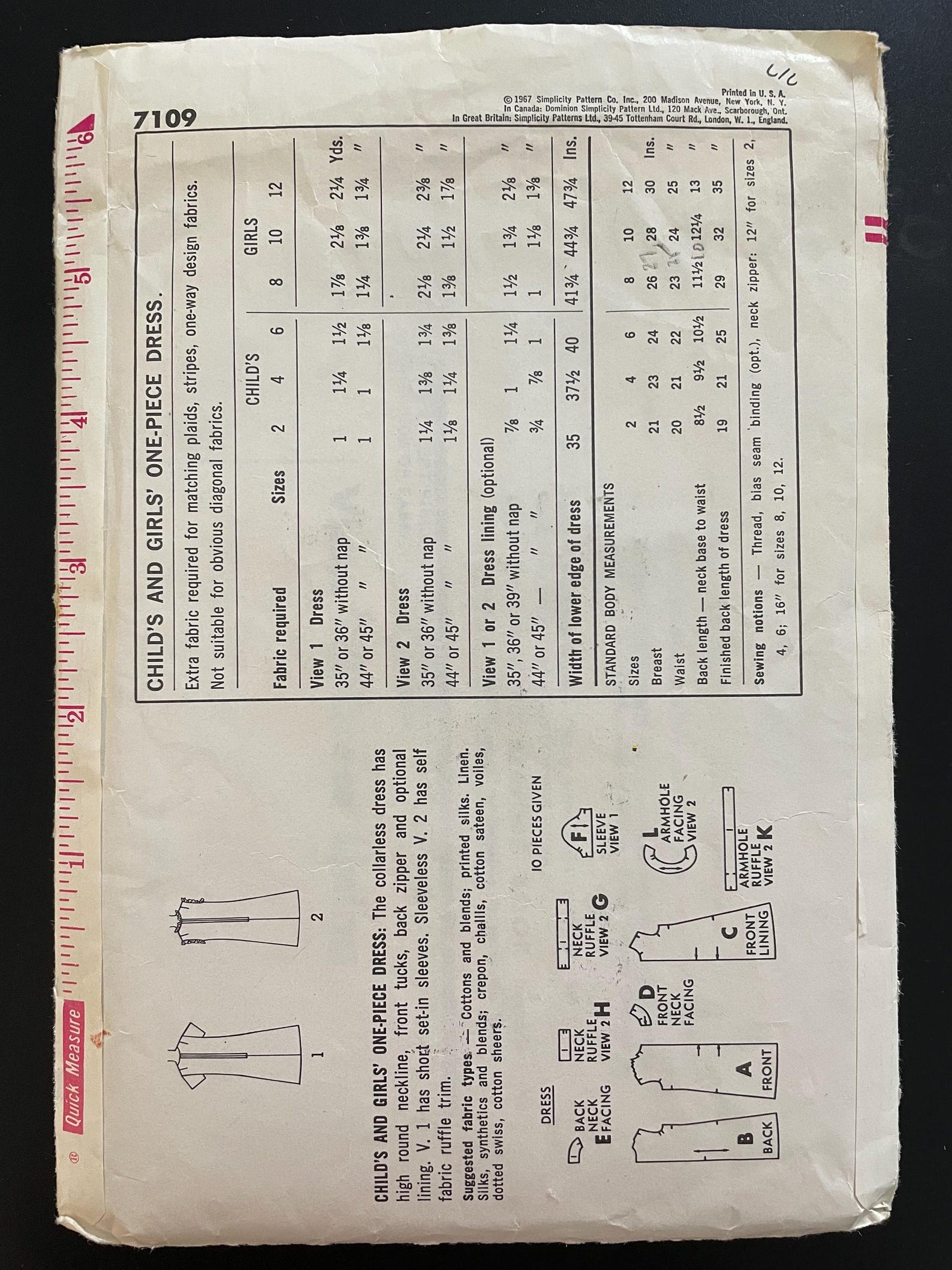 Simplicity 7109 Pattern CUT Complete Vintage 1960s Girl's Sleeveless ...