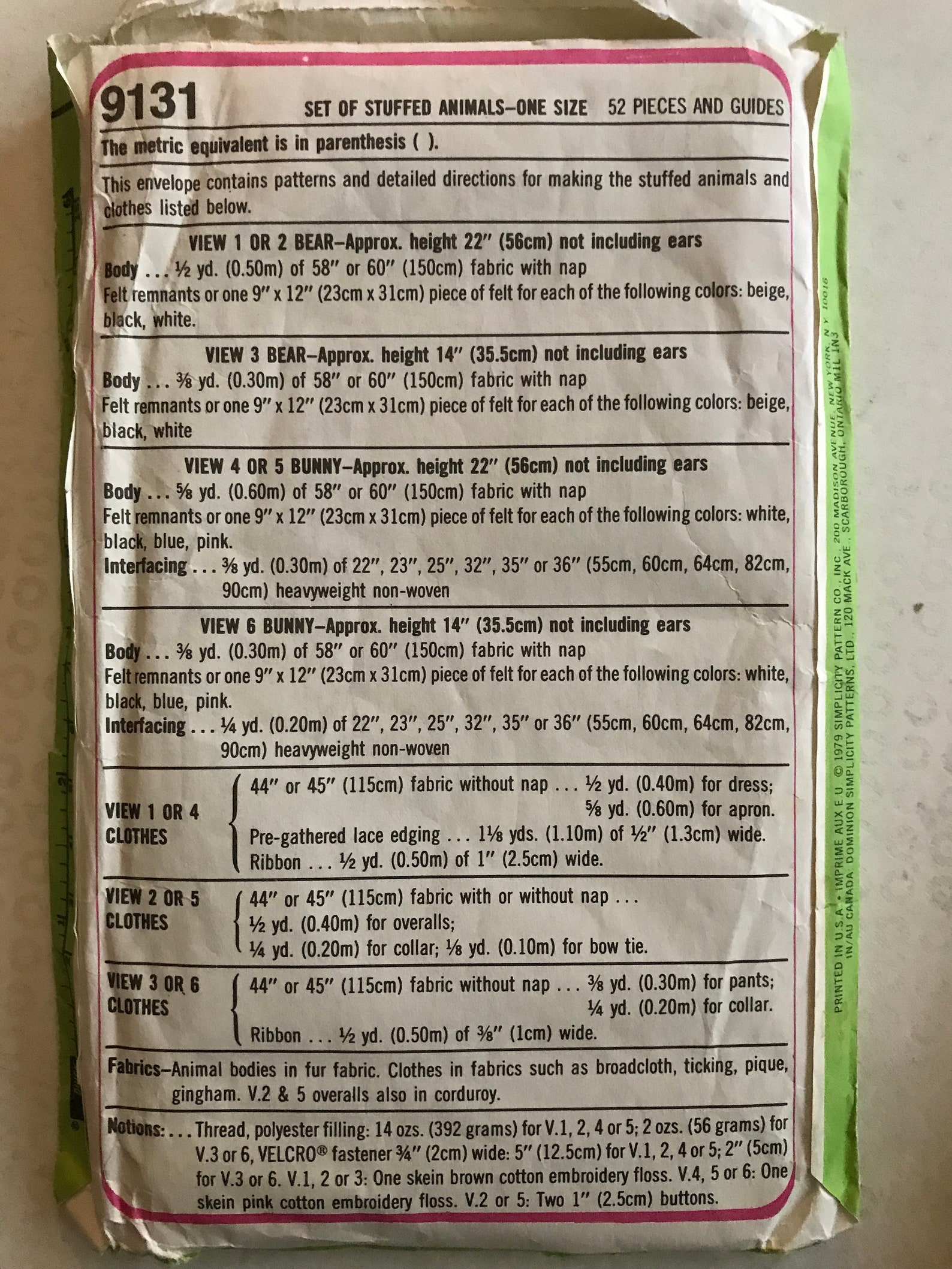 Simplicity 9131 Pattern UNCUT 1970s Plush Toy Teddy Bear | Etsy