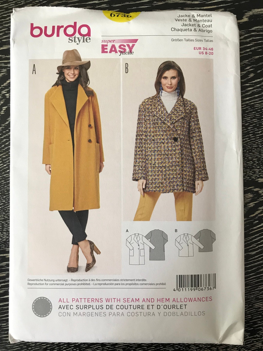Burda 6736 Pattern UNCUT or Cut Super Easy Single Breasted Jacket or ...