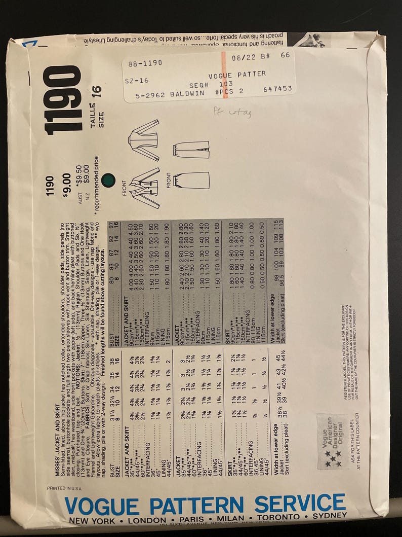 Vogue 1190 Pattern UNCUT 1980s Vintage Bill Haire American Designer ...