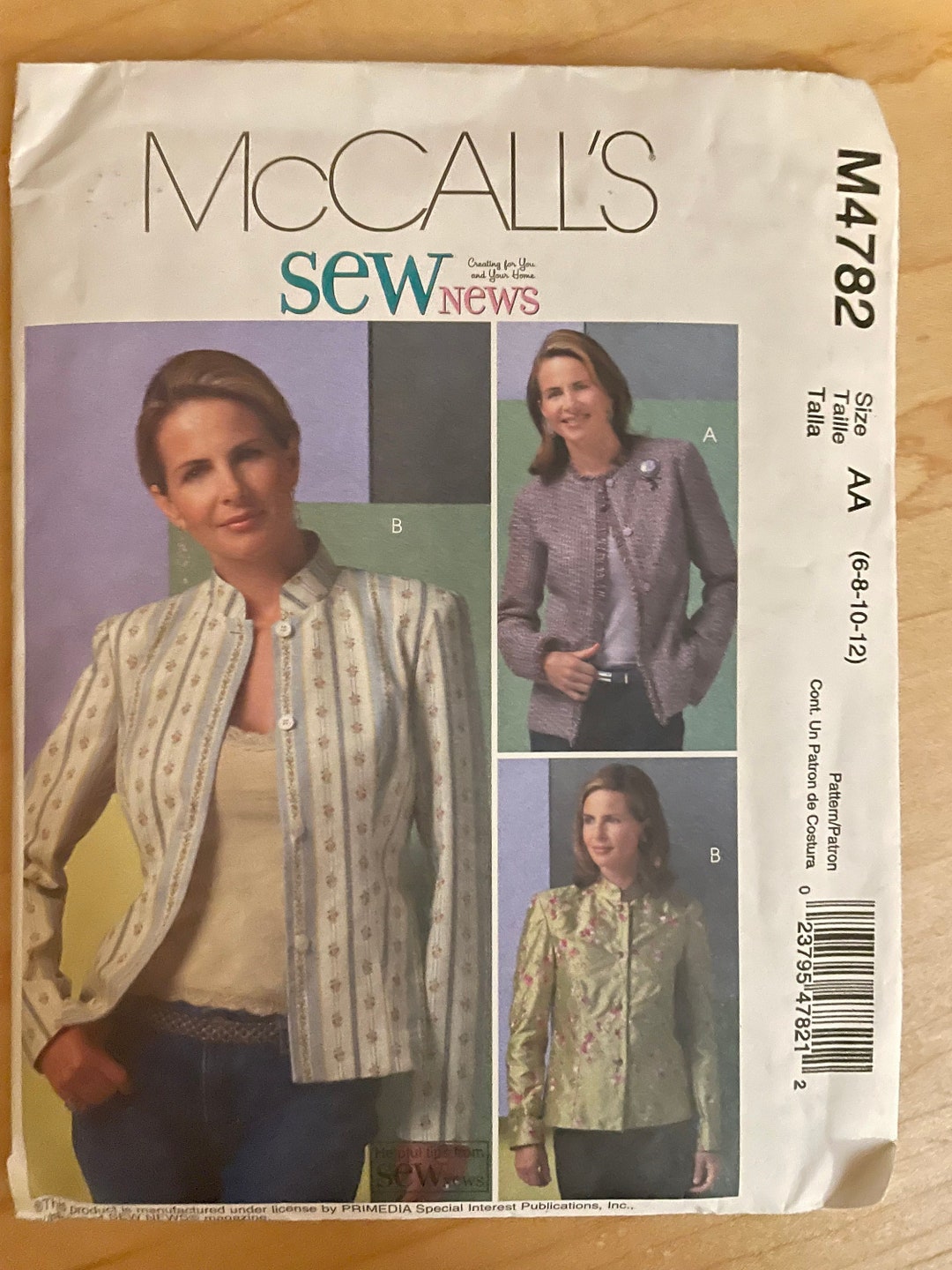 Mccalls M4782 4782 Pattern UNCUT Sew News Lined Hip Length Jacket Front ...
