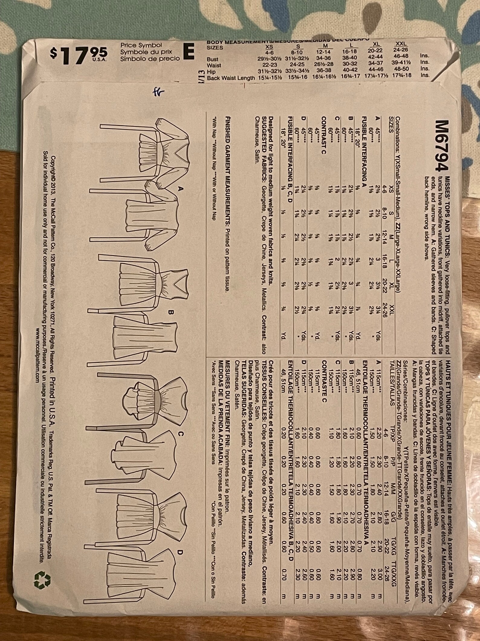 Mccalls M6794 6794 Pattern UNCUT Easy Shaped Waist Back Tie Tunic ...