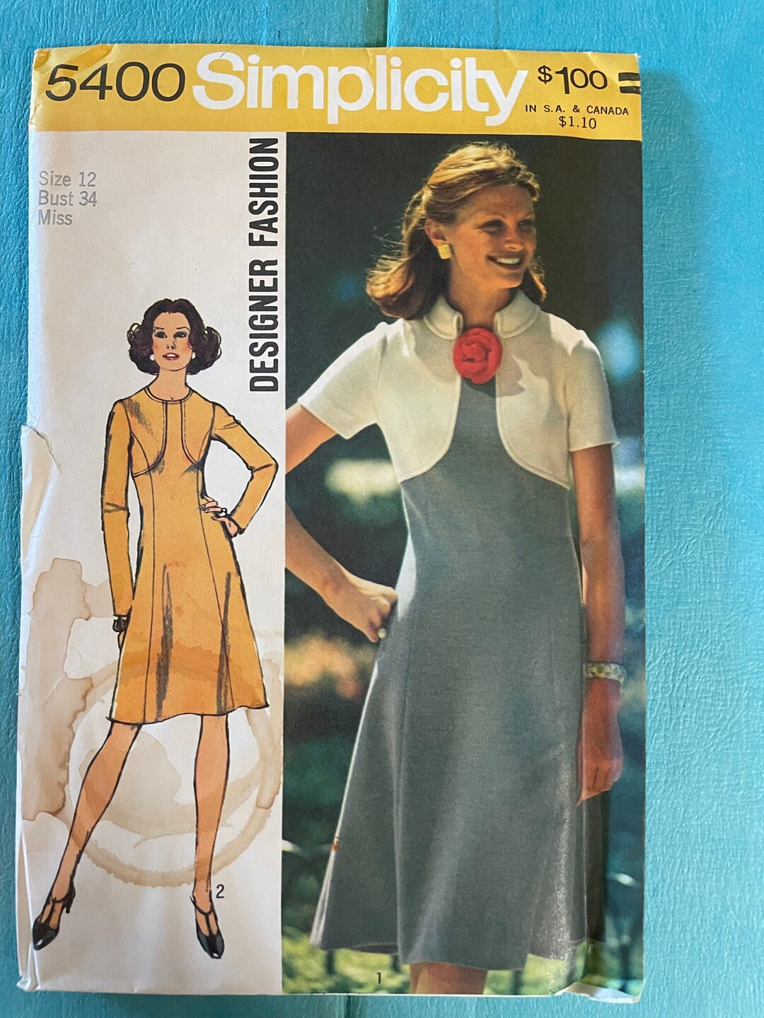 Simplicity 5400 Pattern UNCUT 1970s Vintage Designer Fashion Long or Short Sleeved A-line Dress ...