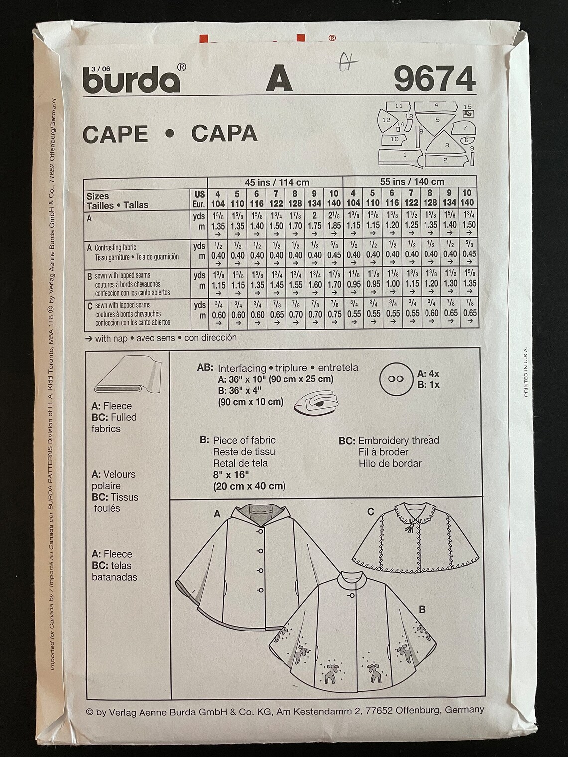 Burda 9674 Pattern Easy Girls Cape or Capelet Stand up or Peter Pan ...