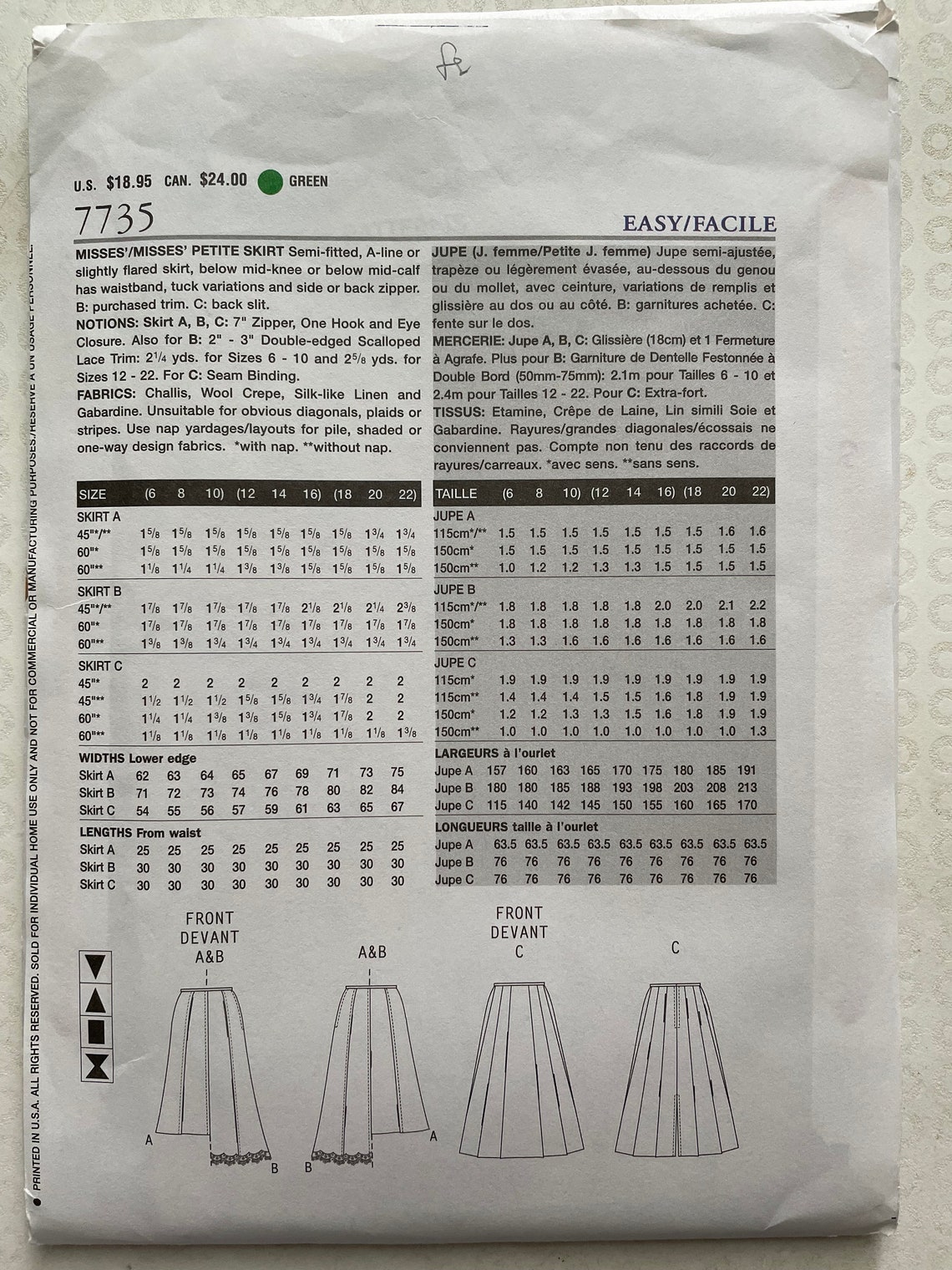 Vogue 7735 Pattern UNCUT Semi Fitted A-line or Slightly Flared Skirt ...