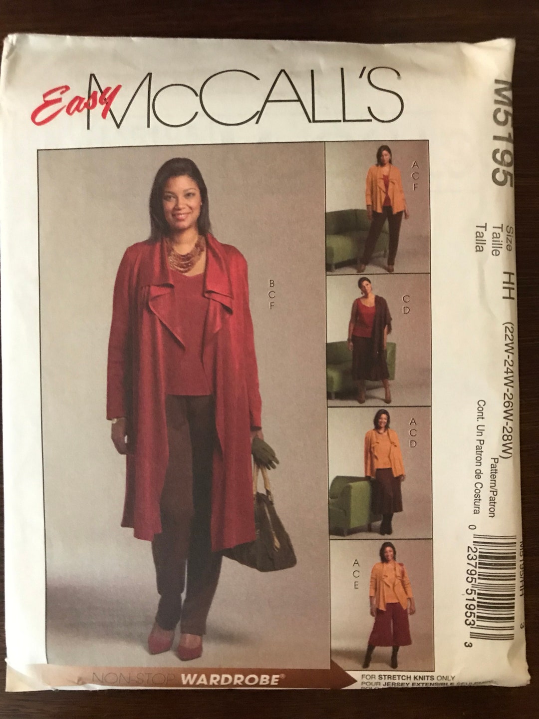 Mccalls M5195 5195 Pattern UNCUT Easy Stretch Knit Jacket Hip Knee ...