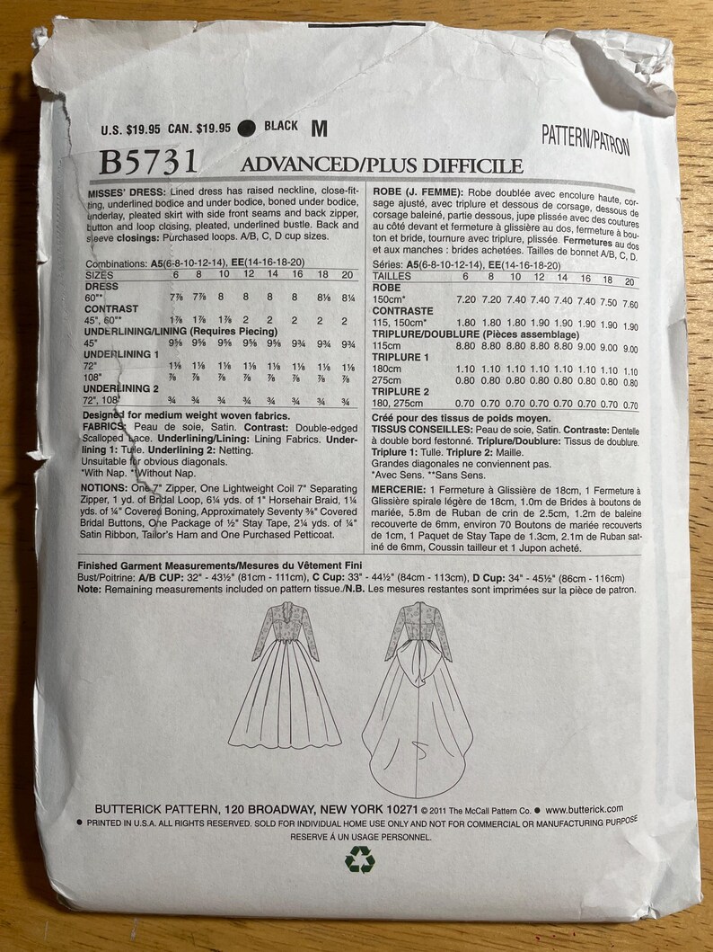 Butterick 5731 Pattern UNCUT Lace Overlay Swan Neck Wedding Dress Gown ...