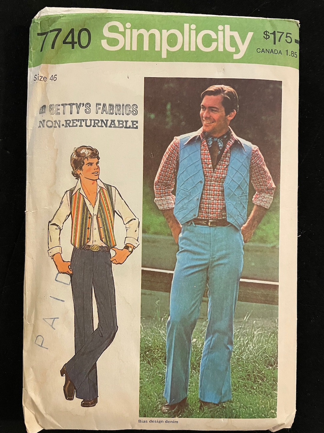 Simplicity 7740 Pattern CUT Complete 1970s Vintage Men's Button Front ...