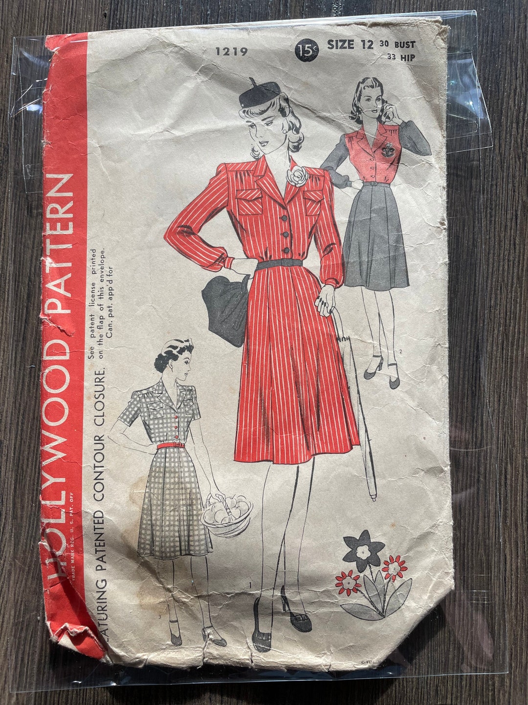 Hollywood 1219 Pattern CUT Complete 1940s One Piece Dress Button Front ...