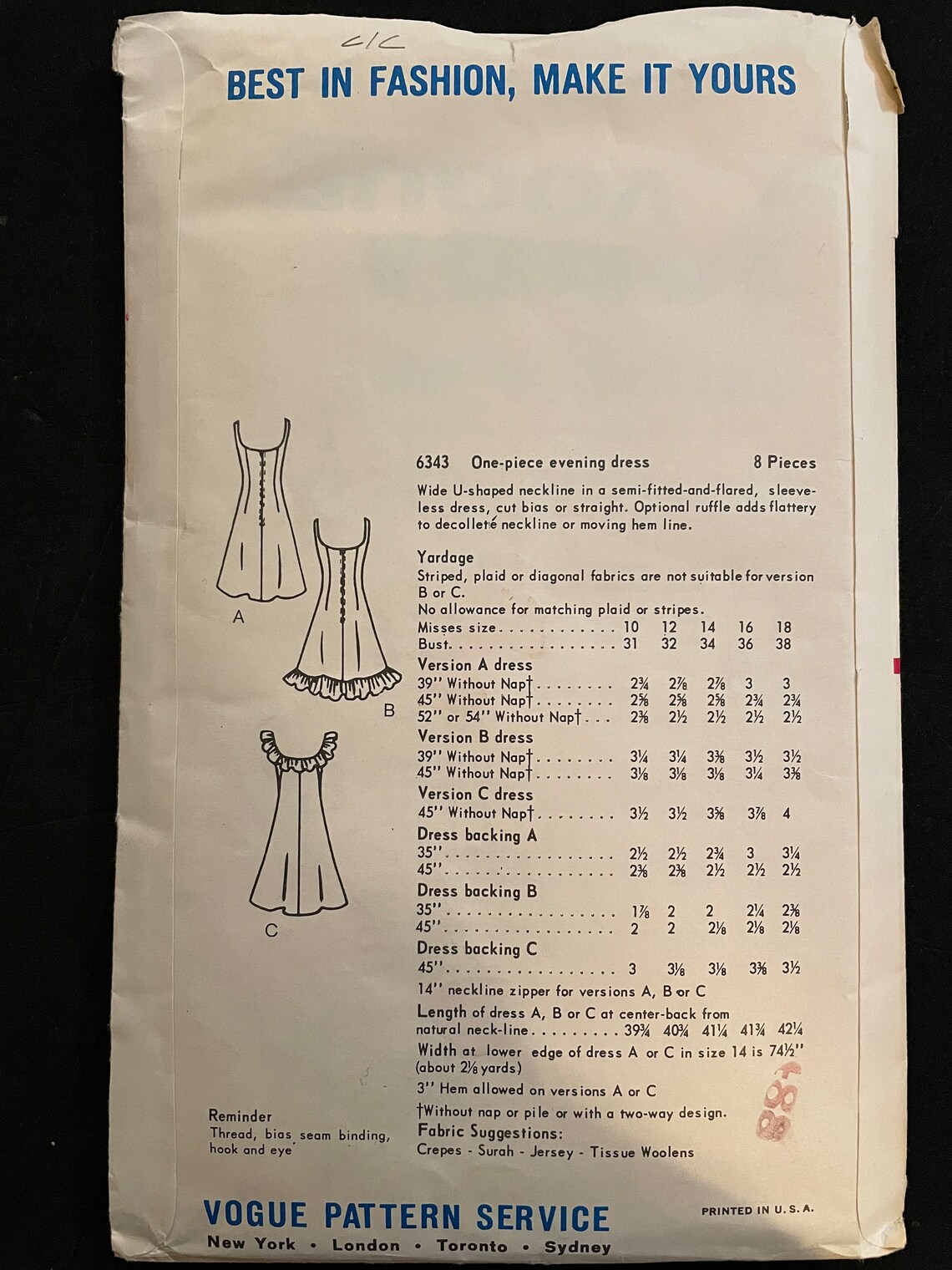 Vogue 6343 Pattern CUT Complete 1960s Vintage Scoop Neck Low Back Party ...