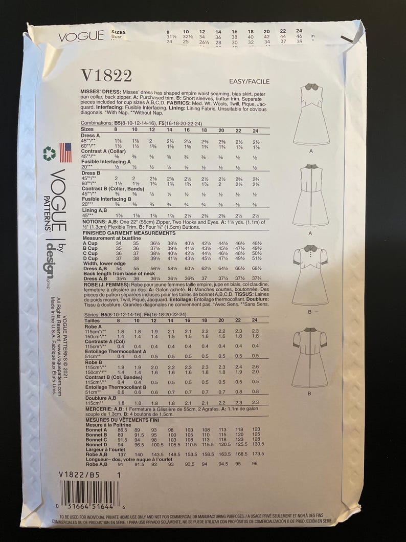 Vogue V1822 1822 Pattern UNCUT Easy Retro 70s A-line Raised Empire ...