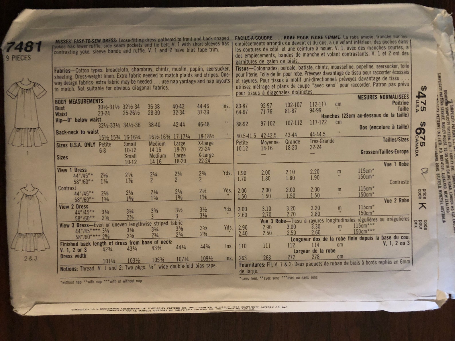 Simplicity 7481 Pattern UNCUT Vintage 1980s Easy Mumu Style Dress ...