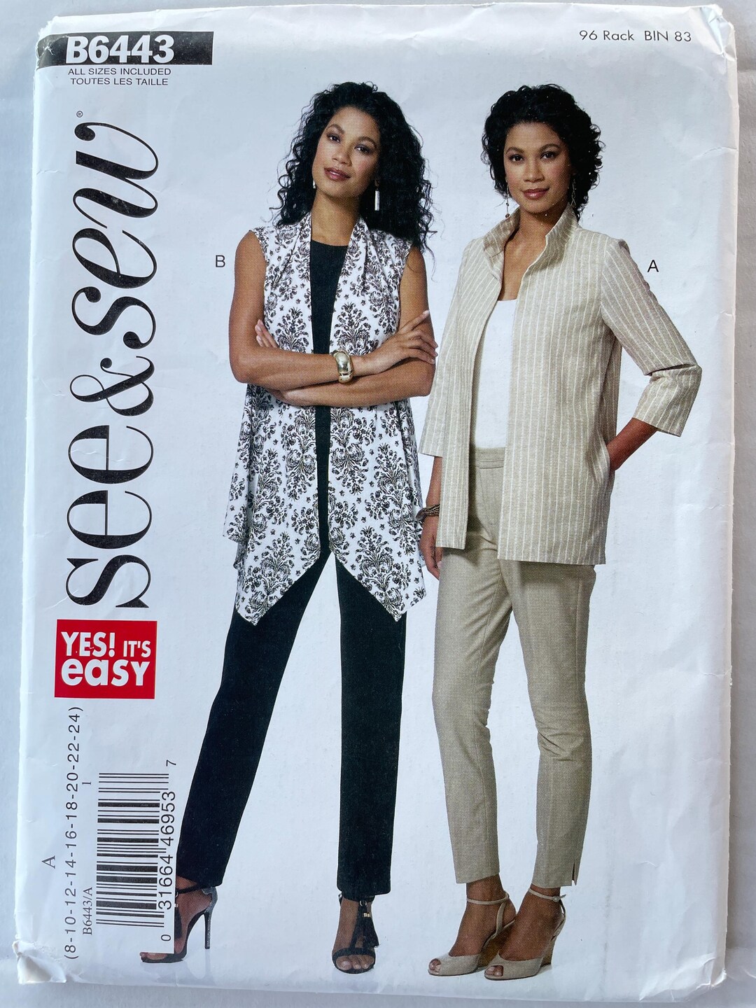 See & Sew B6443 6443 Pattern UNCUT Easy Open Front Jacket Standing ...