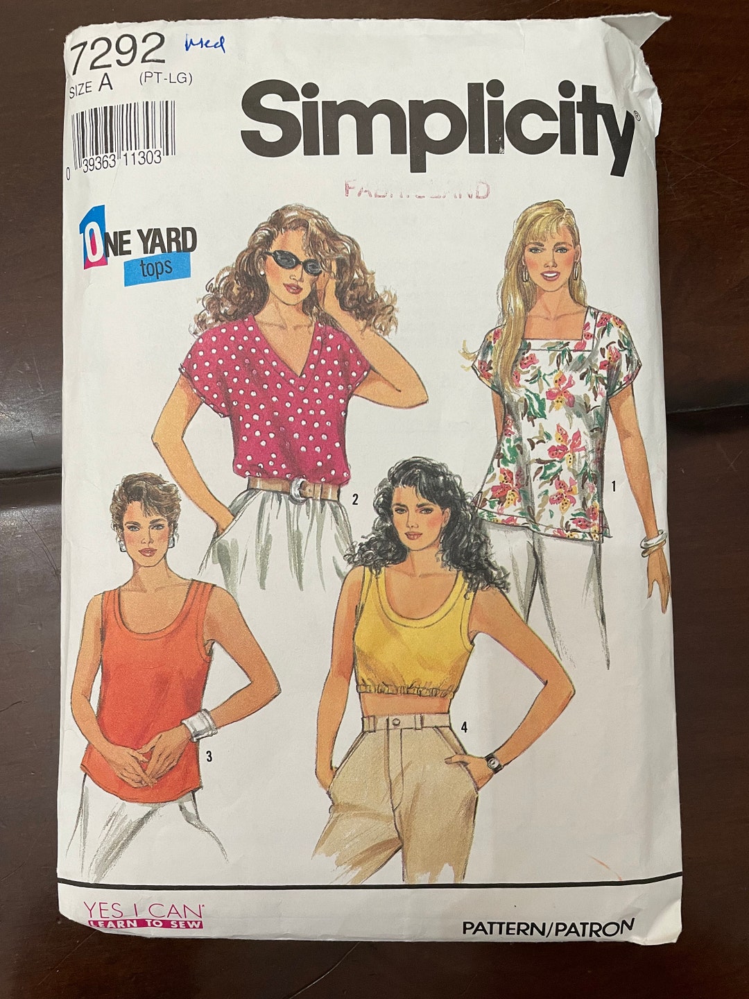 Simplicity 7292 Pattern CUT Complete 1990s Vintage One Yard Tops Easy ...