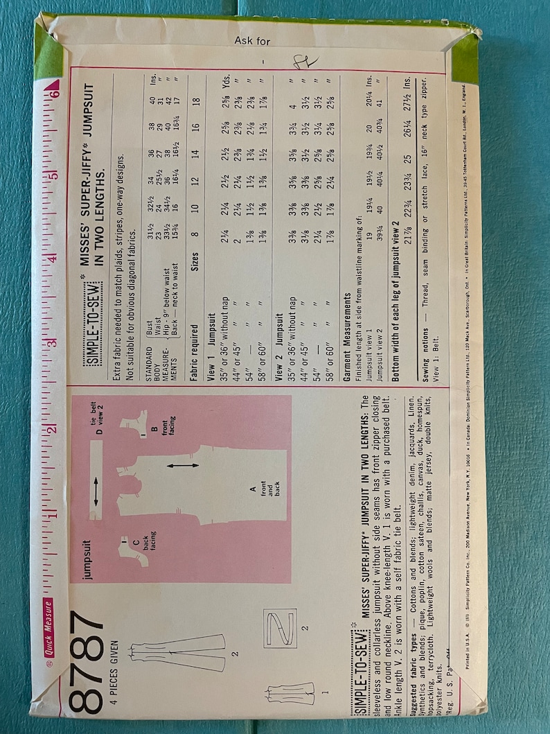 Simplicity 8787 Pattern 1970s Vintage Super Jiffy Easy Sleeveless ...