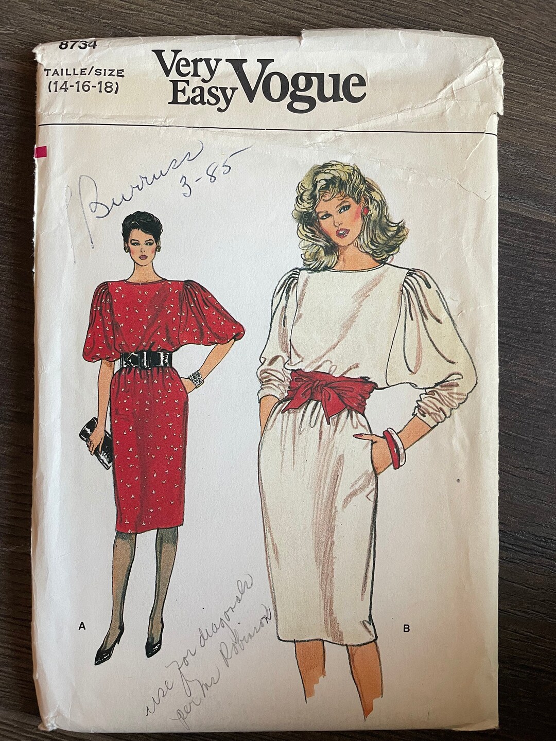 Vogue 8734 Pattern Vintage Easy Straight Pullover Dress Loose Dolman ...
