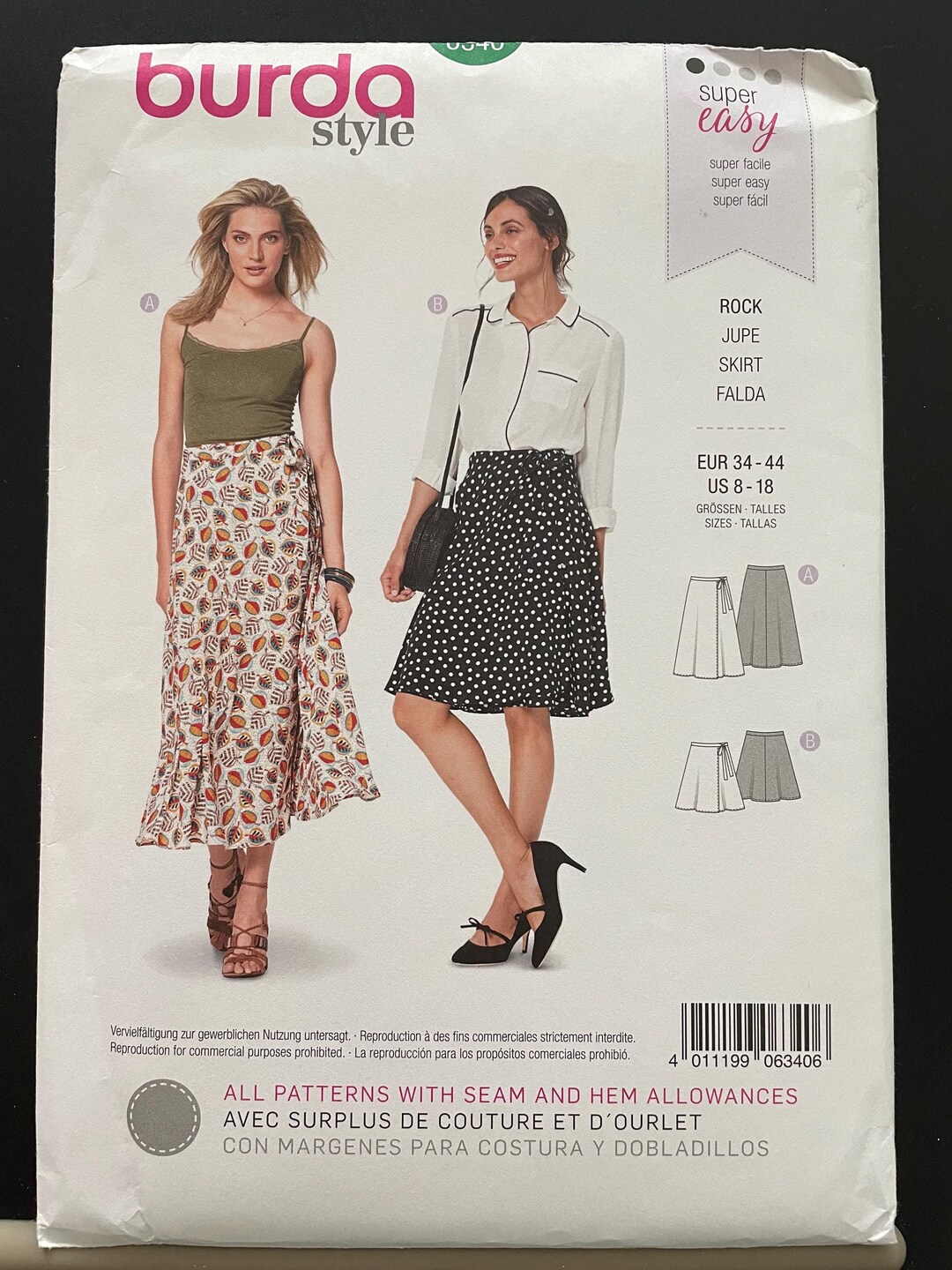 Burda 6340 Pattern UNCUT Style Super Easy Flared Wrap Skirt Knee Ankle ...
