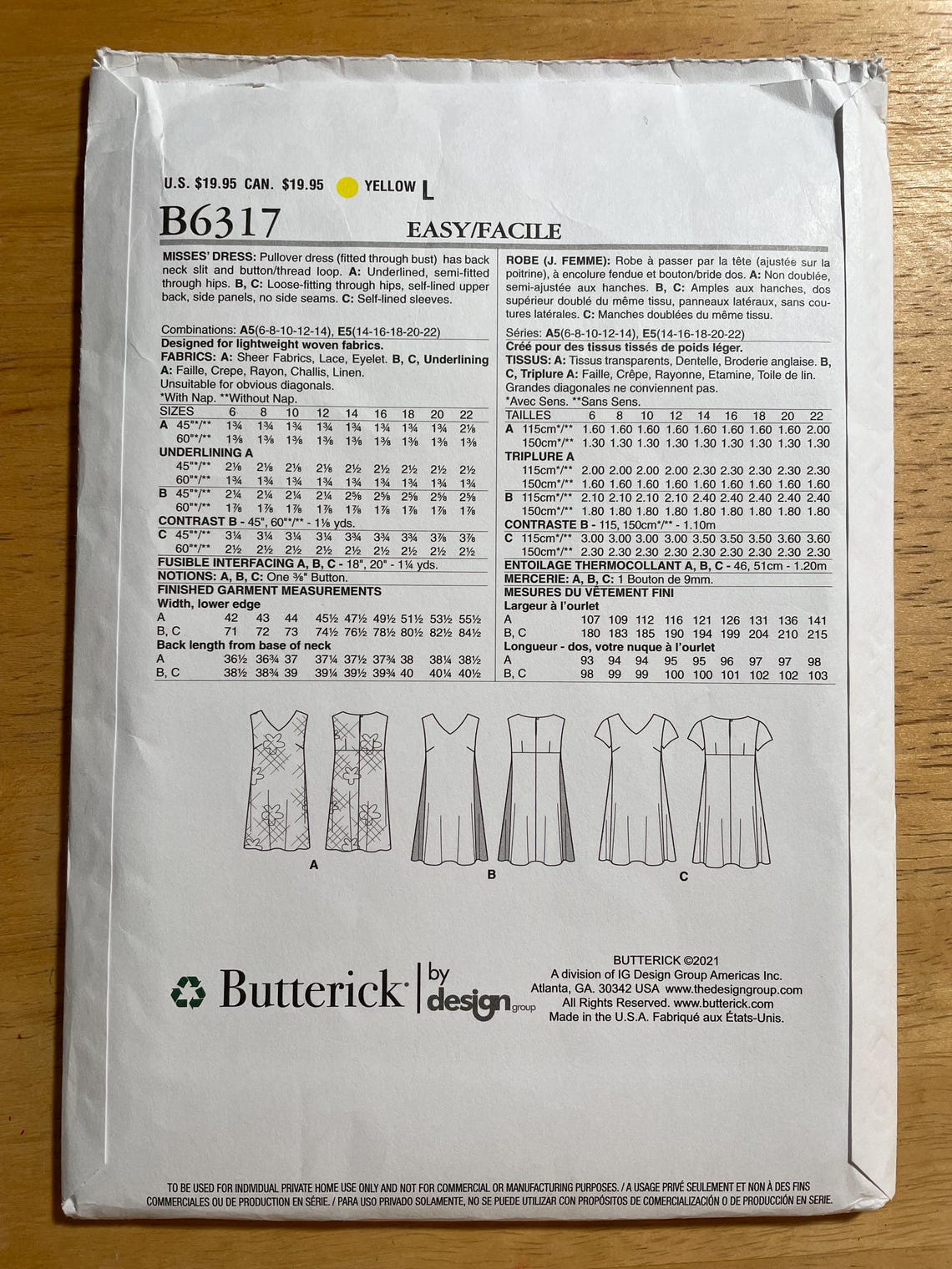 Butterick B6317 6317 Pattern UNCUT Easy V Neck Pullover Shift Dress ...