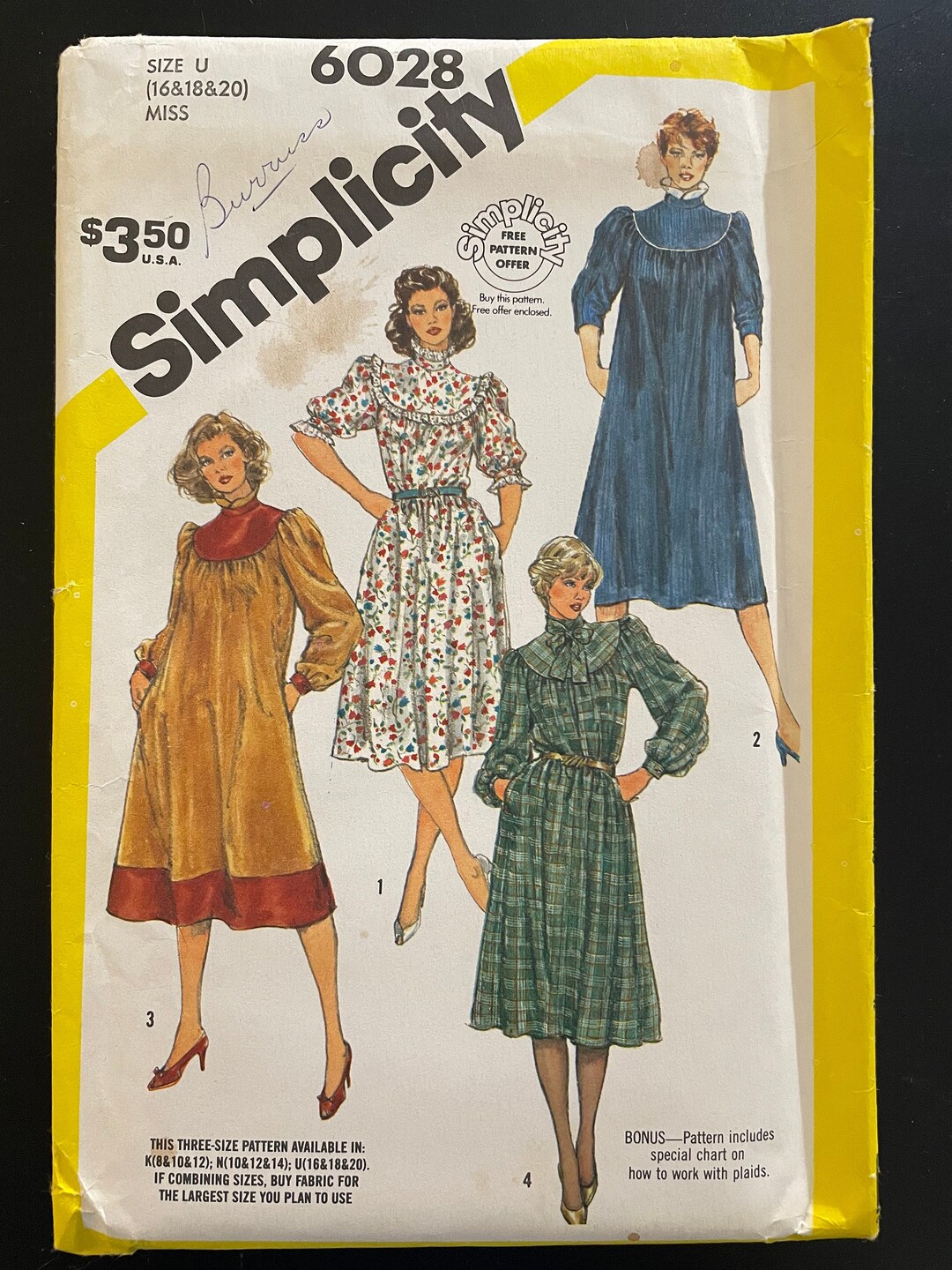 Simplicity 6028 Pattern UNCUT Vintage 1980s Loose Fitting Pullover ...