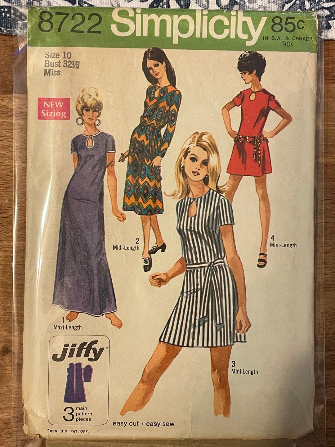 Simplicity 8722 Pattern UNCUT Vintage 1970s Mini Midi Maxi Dress Keyhole Cutout Bodice Short ...