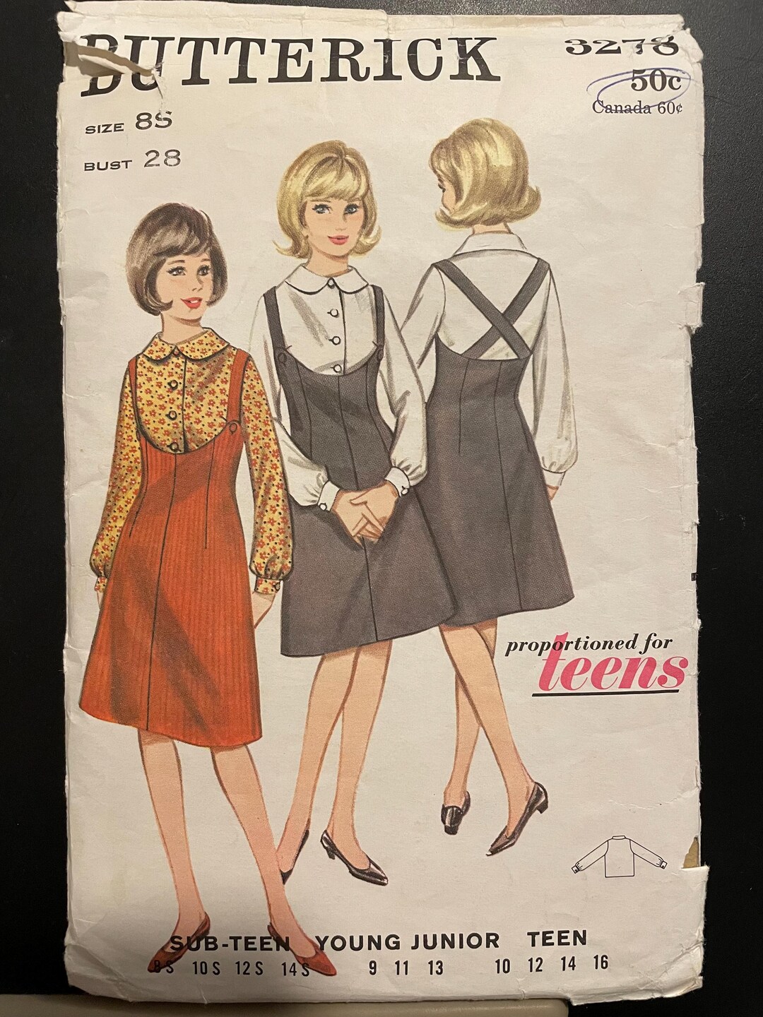 Butterick 3278 Pattern CUT Complete 1960s Vintage Teens Deep Scoop Neck ...