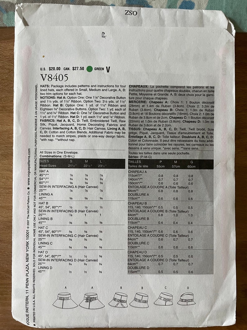 Vogue V8405 8405 Pattern UNCUT 2000s Accessories Four Lined - Etsy