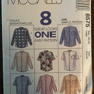Mccalls 8575 Pattern UNCUT Easy Mens Band Collar Button Down Shirt ...
