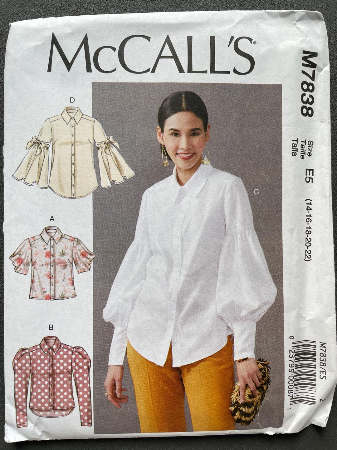 Mccalls M7838 7838 Pattern UNCUT Loose Fitting Button Front Blouse Back ...
