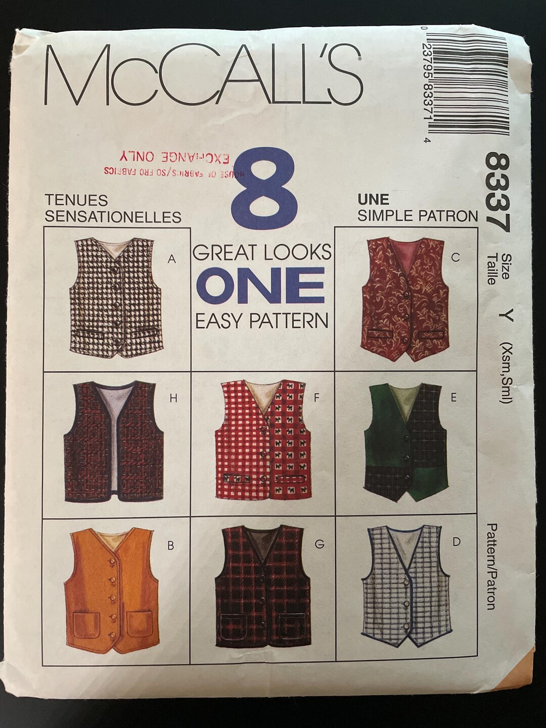 Mccalls 8337 Pattern UNCUT Easy Boys Girls Vest With Pointed or Round ...