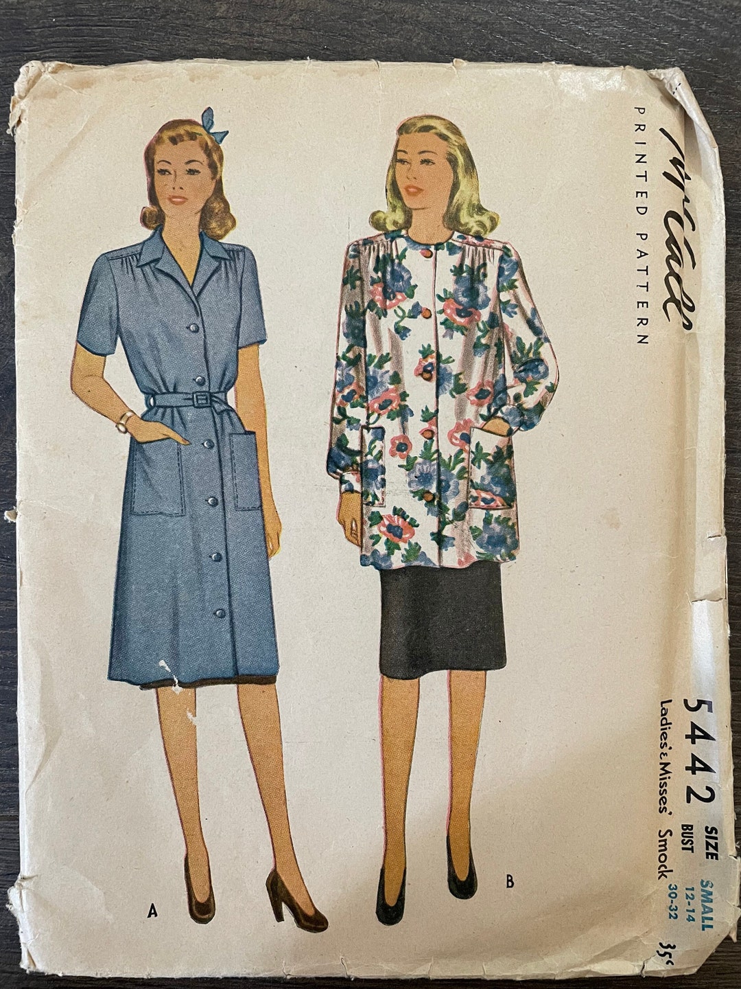 Mccalls Mccall 5442 Pattern UNCUT 1940s Vintage Button Front Dress or Tunic Short or Long ...