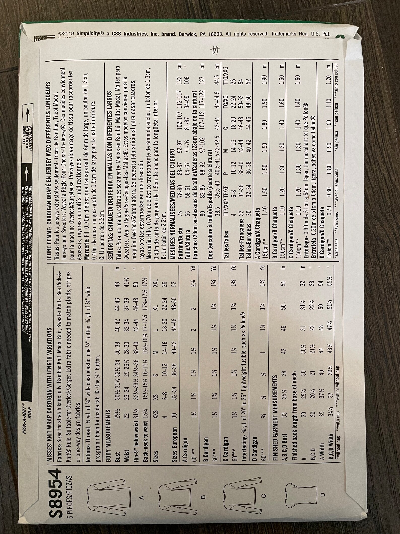 Simplicity S8954 8954 Pattern UNCUT Knit Wrap Cardigan Short Long ...