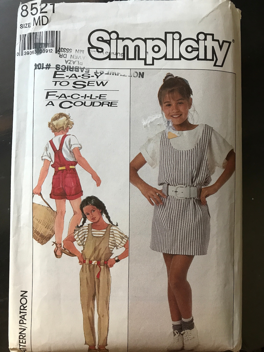 Simplicity 8521 Pattern CUT Complete 1980s Vintage Girl's Easy Jumper Romper Overalls U Scoop ...