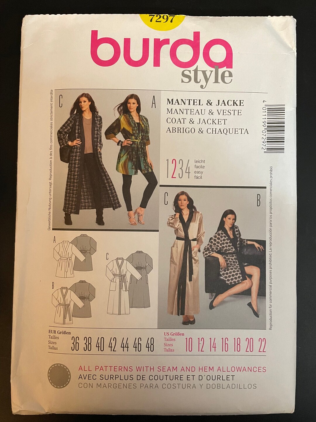 Burda 7297 Pattern UNCUT Mantel and Jacke Bathrobe Style Jacket Vest ...